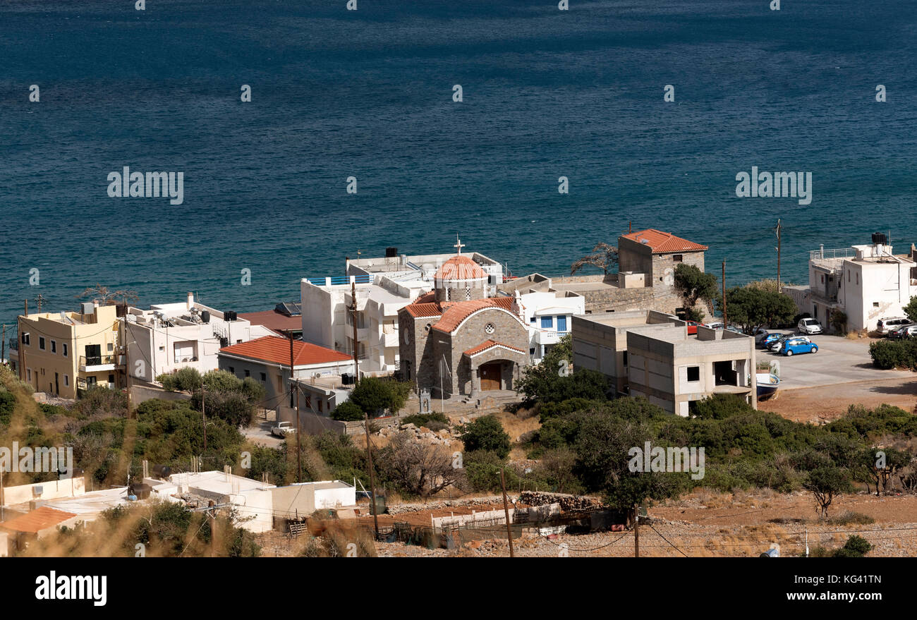 Modern Greek church in the small coastal town of Plaka, Lasithi region ...