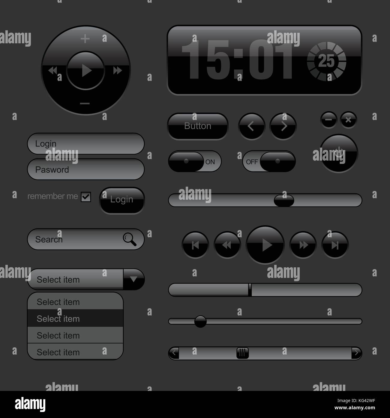 Dark Web UI Elements. Buttons, Switches, bars, power buttons, sliders ...