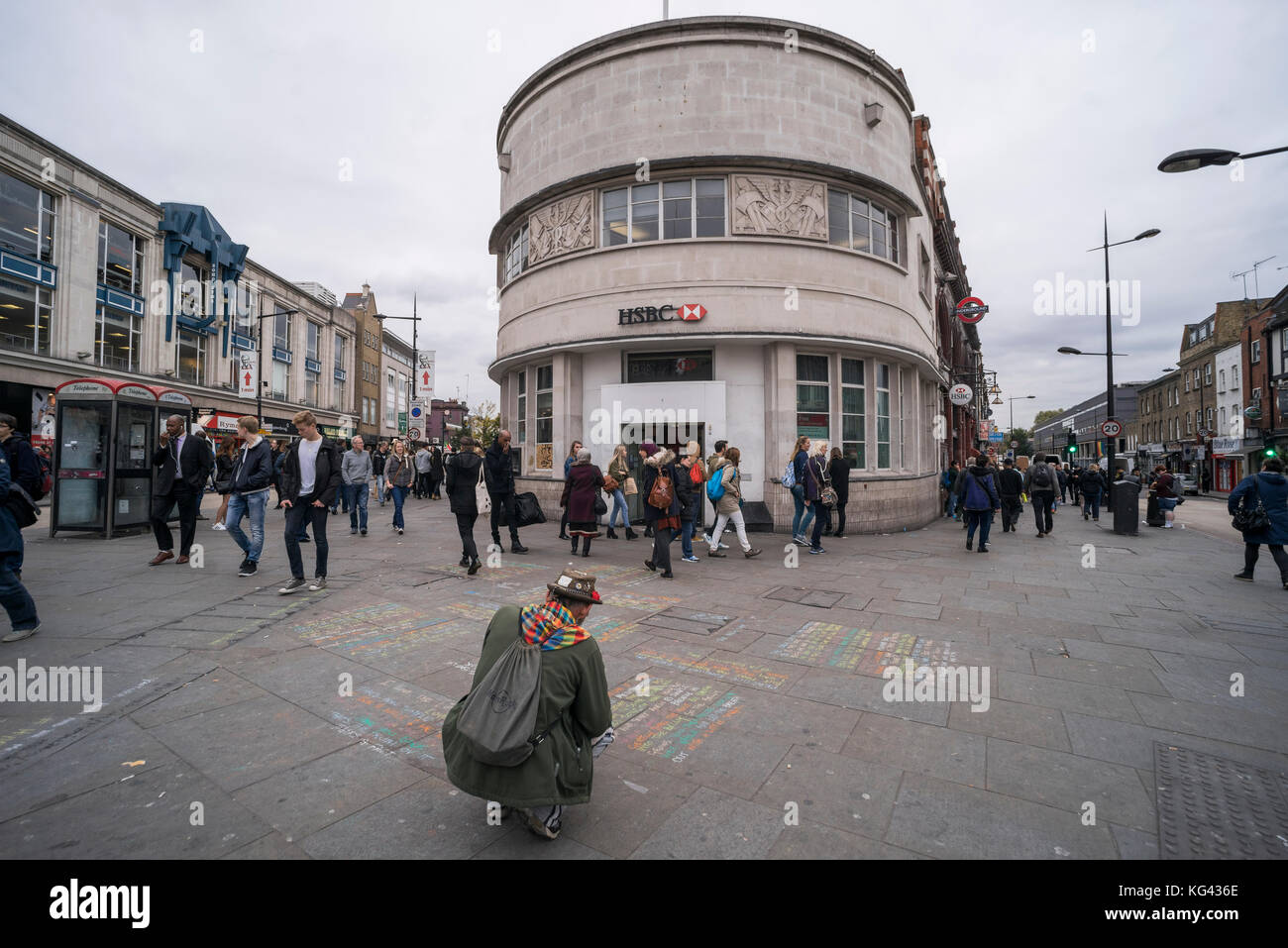 Street graffiti in front of the HSBC bank building in Camden Town ...