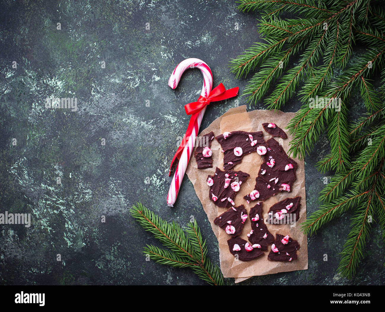 Christmas peppermint chocolate bark with candy cane chips. Top view ...