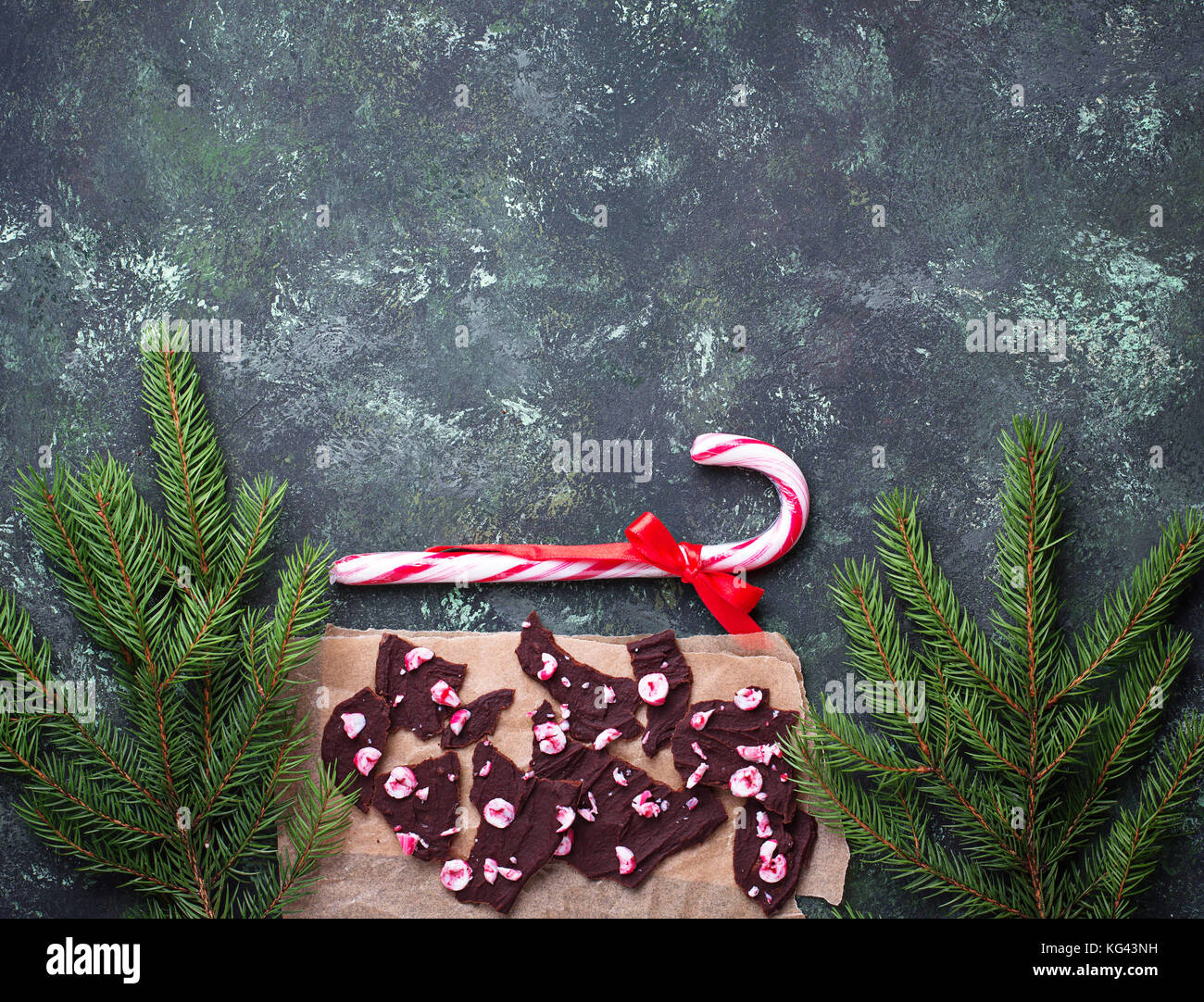 Christmas peppermint chocolate bark with candy cane chips. Top view ...