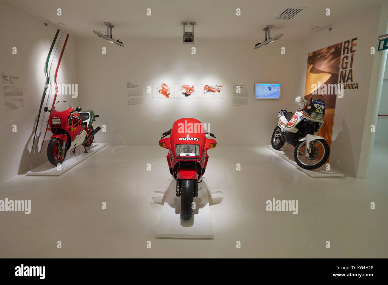 Left to right the Ducati 750 F1, 750 Paso and Cagiva Elefant on display ...