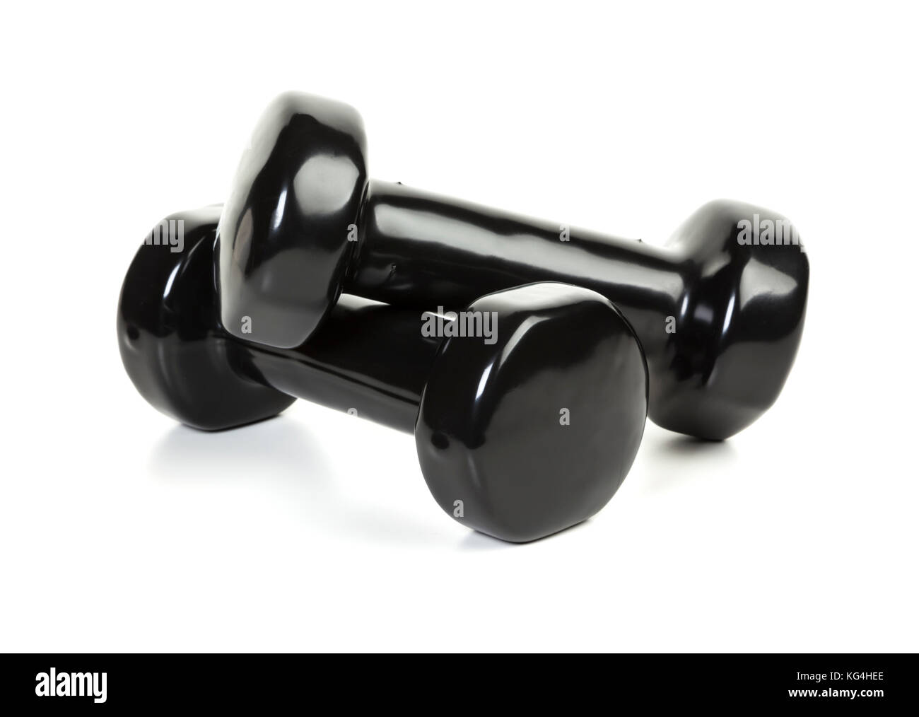 pair of rubber-coated black dumbbells isolated on white background ...