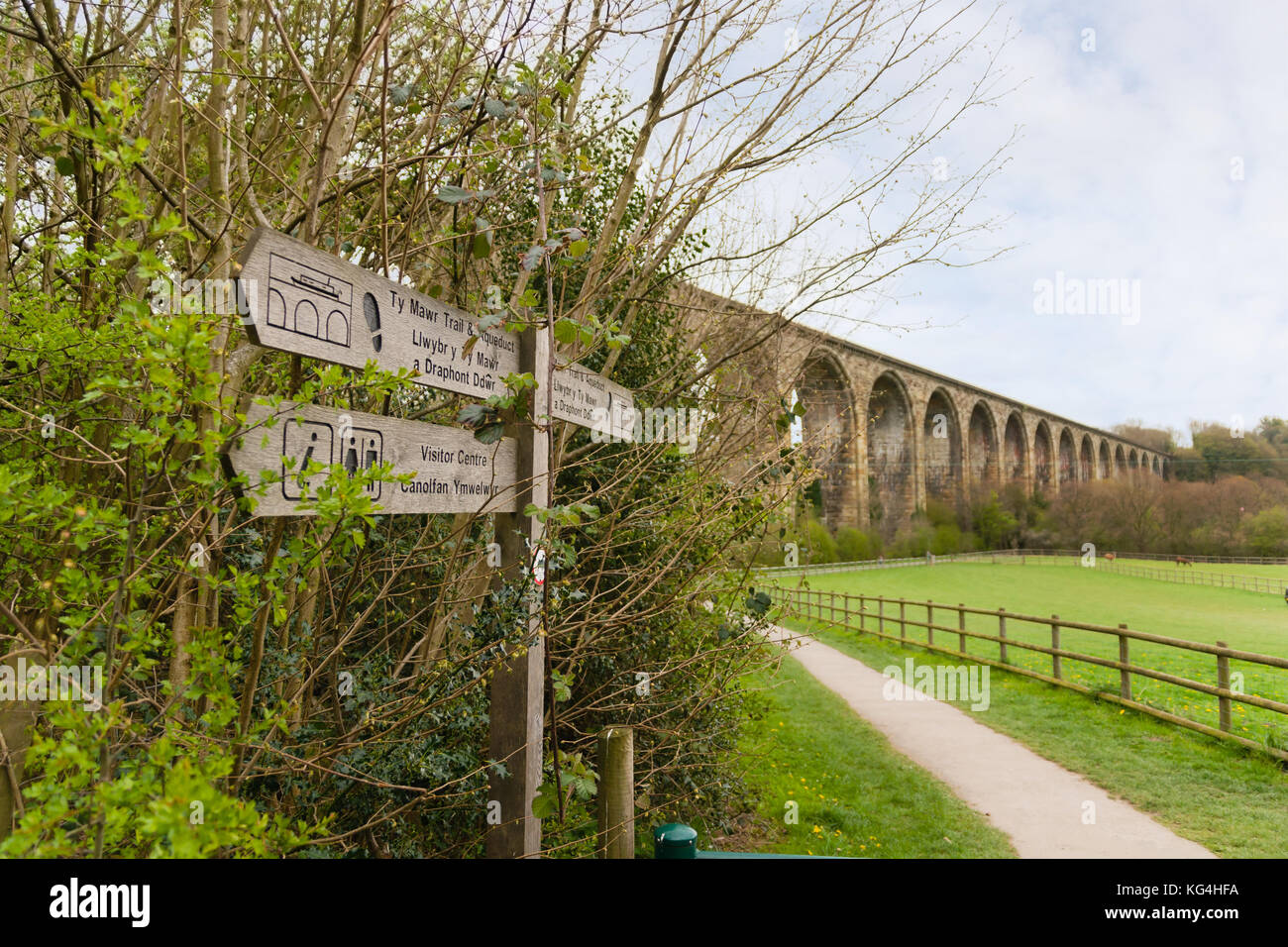 Ty Mawr Country Park in Cefn Mawr Wrexham North Wales with a trail sign ...