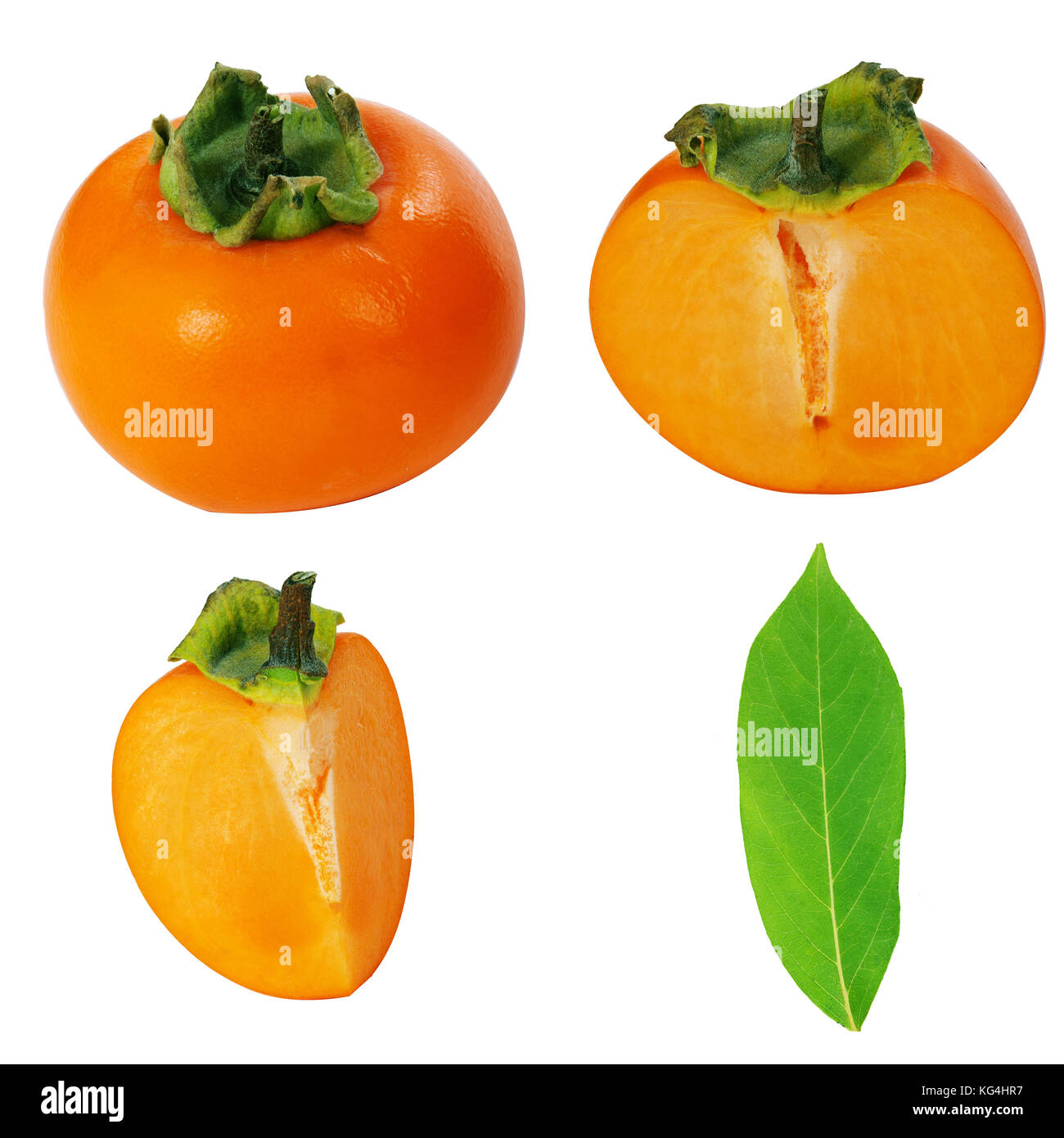 Persimmon cut slice and green leaf set isolated on white background ...