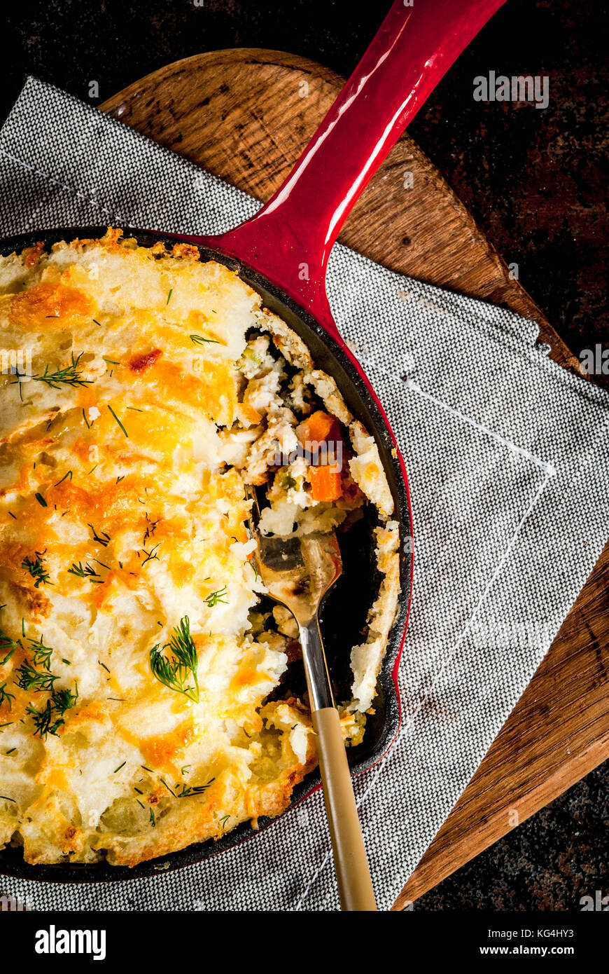 Skillet Shepherd's Pie, british casserole in cast iron pan, with minced ...
