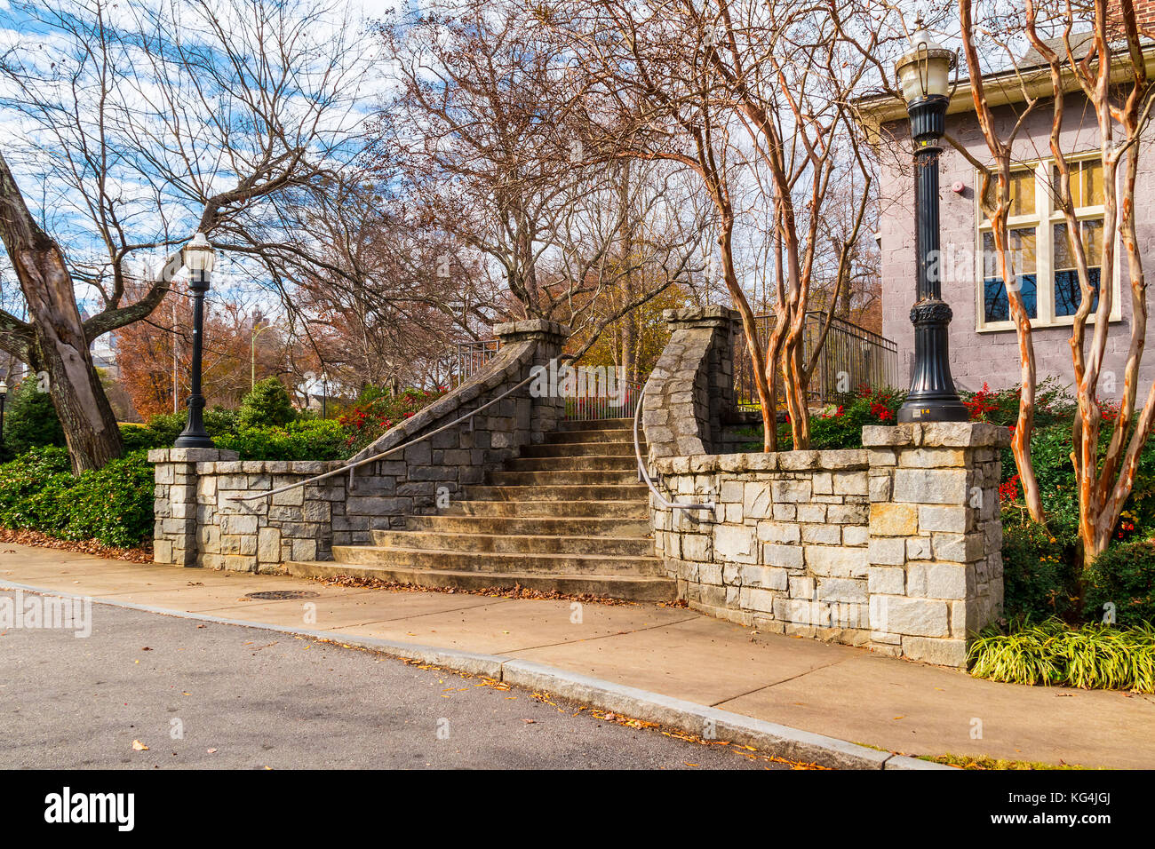The stone stairs to Magnolia Hall in the Piedmont Park in autumn day ...