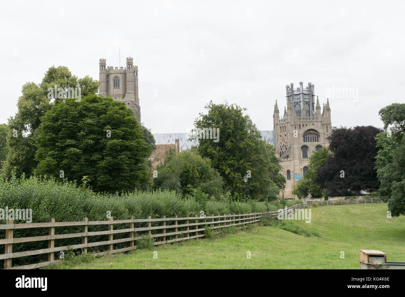 exterior of Ely from the pathway with fencing and trees Stock Photo - Alamy