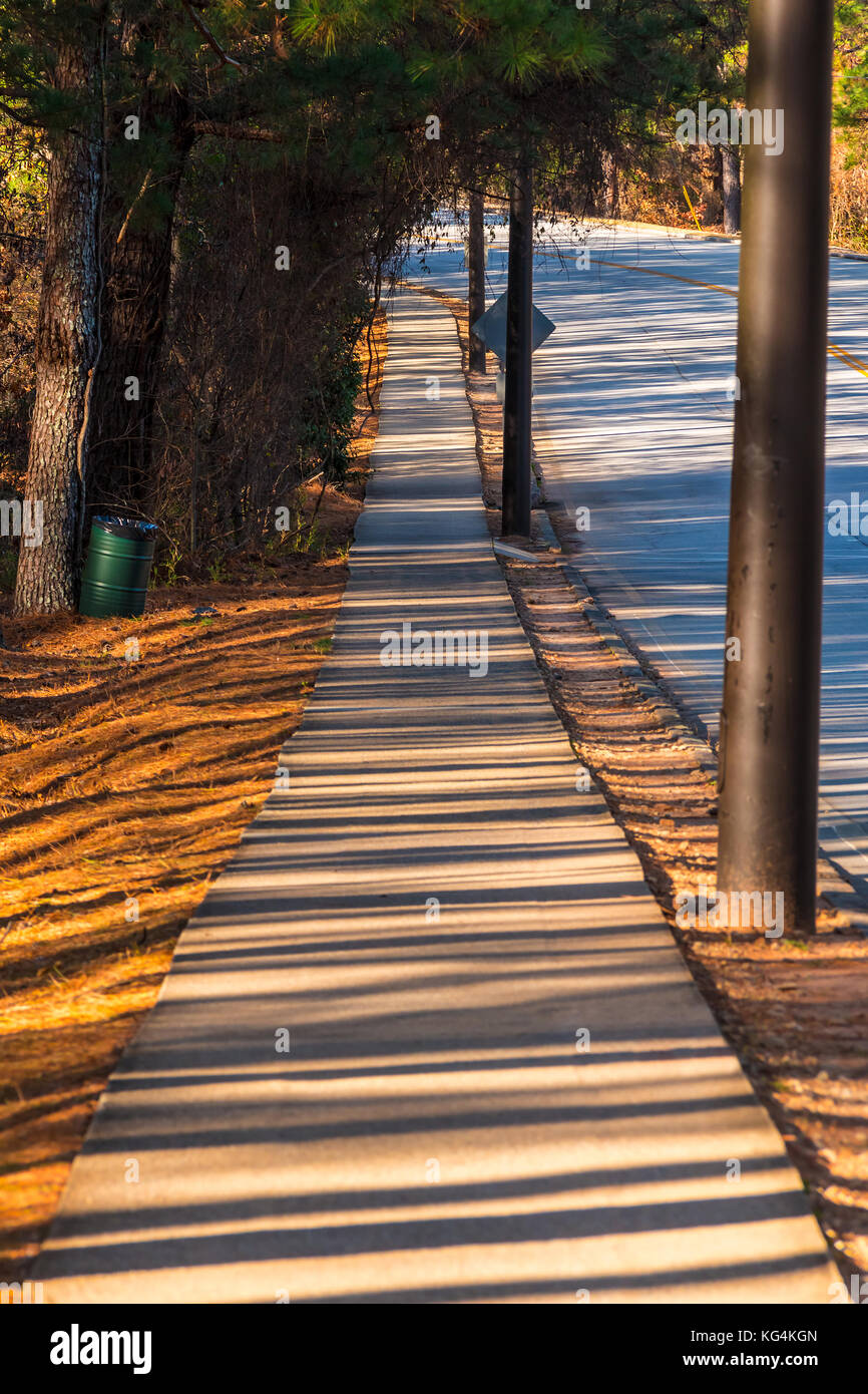 View of sidewalk with long shadows of trees in the Stone Mountain Park ...