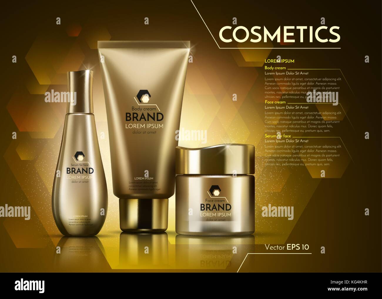 Gold Cosmetics Vector realistic package ads template. Face and body ...