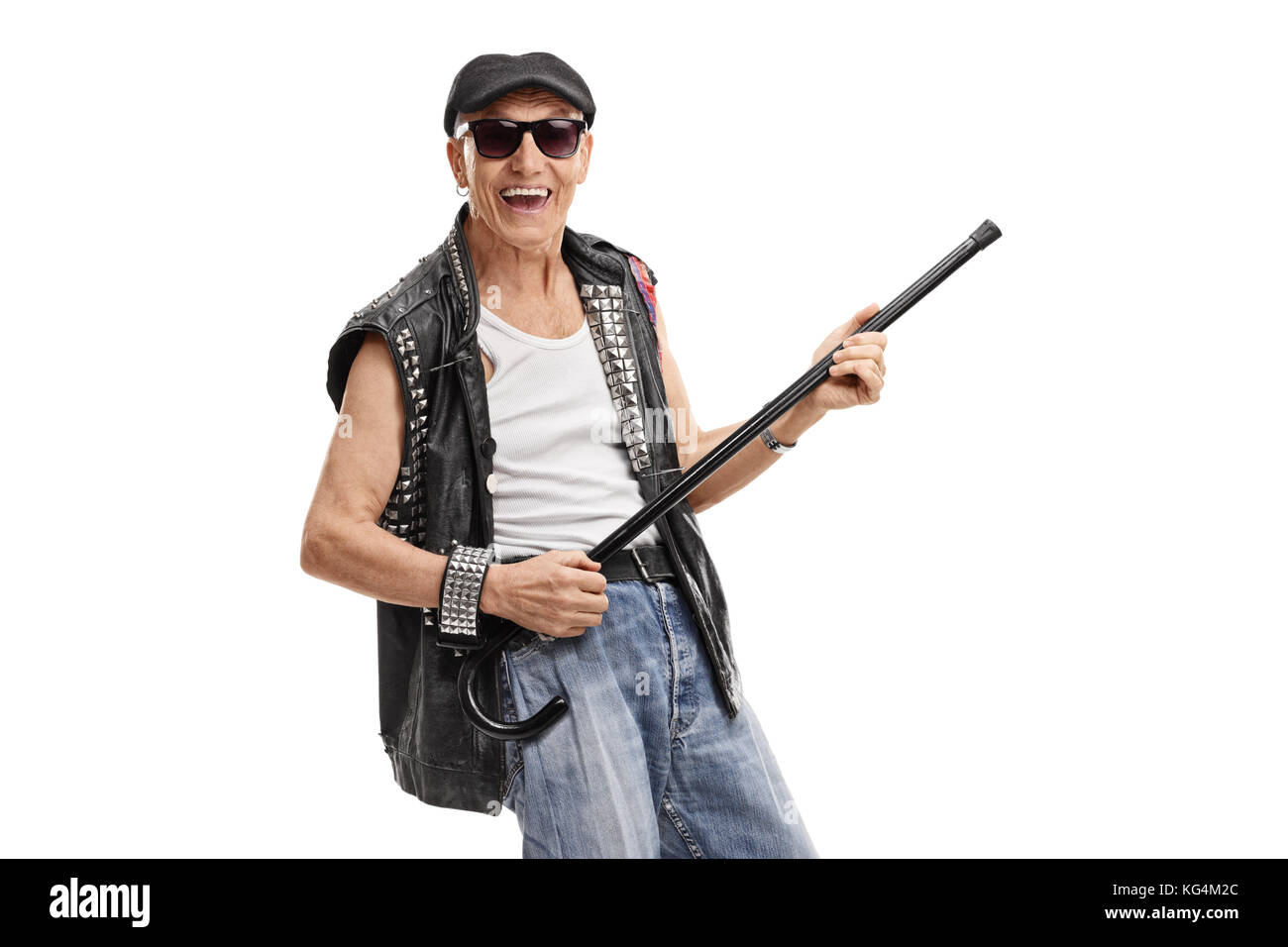 Old punker pretending to play guitar on his cane isolated on white ...
