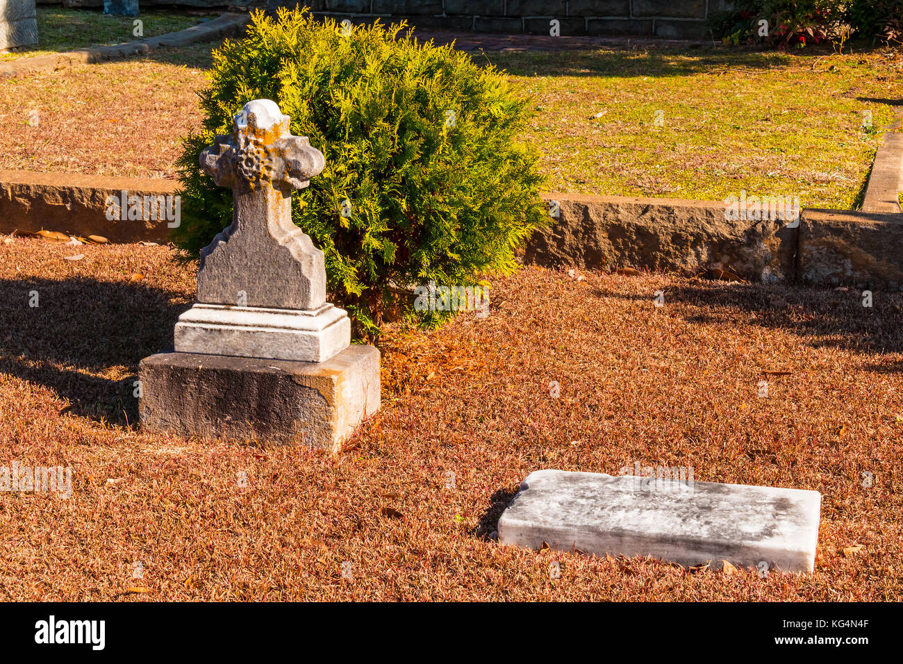 Two small tombstones and bush on the ground closeup on the Oakland ...