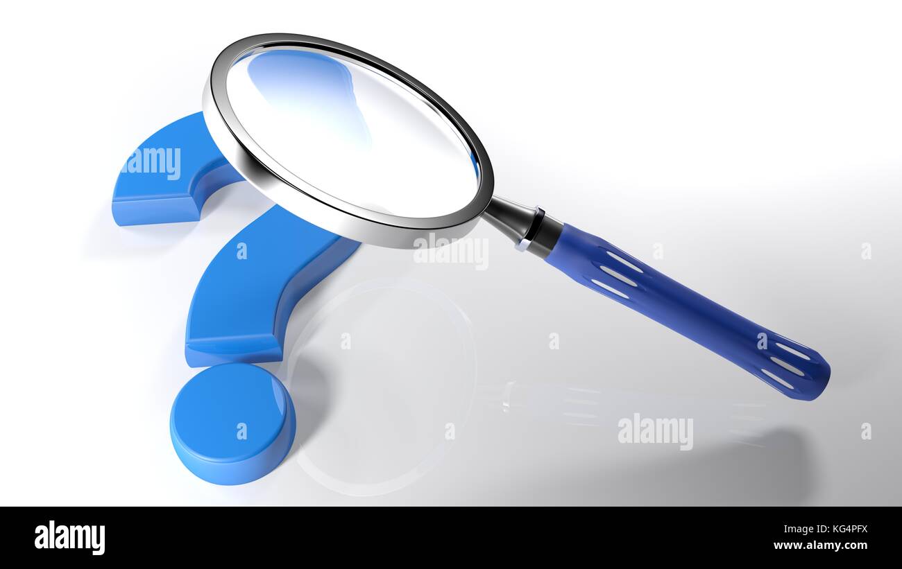 Magnifier on blue question mark - 3D rendering Stock Photo - Alamy