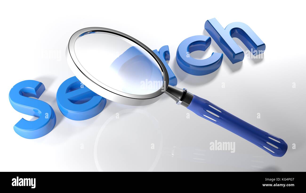 Magnifier over blue 3D search - 3D rendering Stock Photo - Alamy