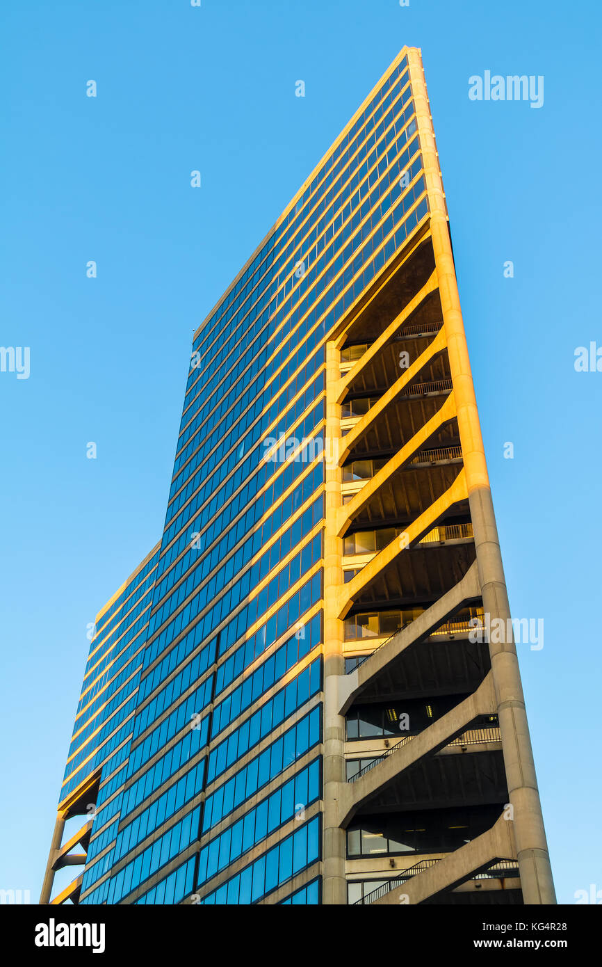 Bottom view of the skyscraper on the background of clear sky at sunset ...