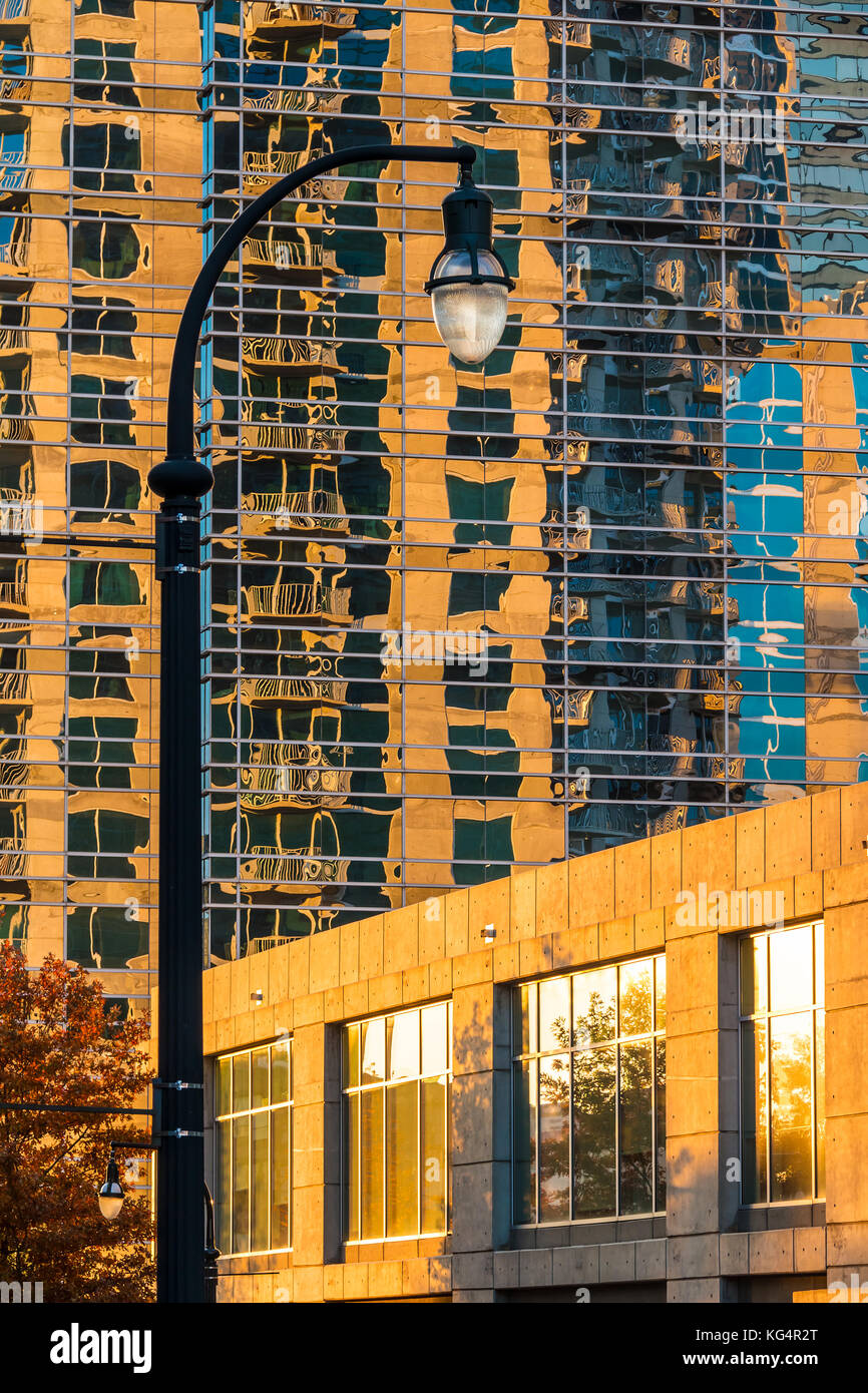 A streetlight on the background of glass facade of skyscraper with ...