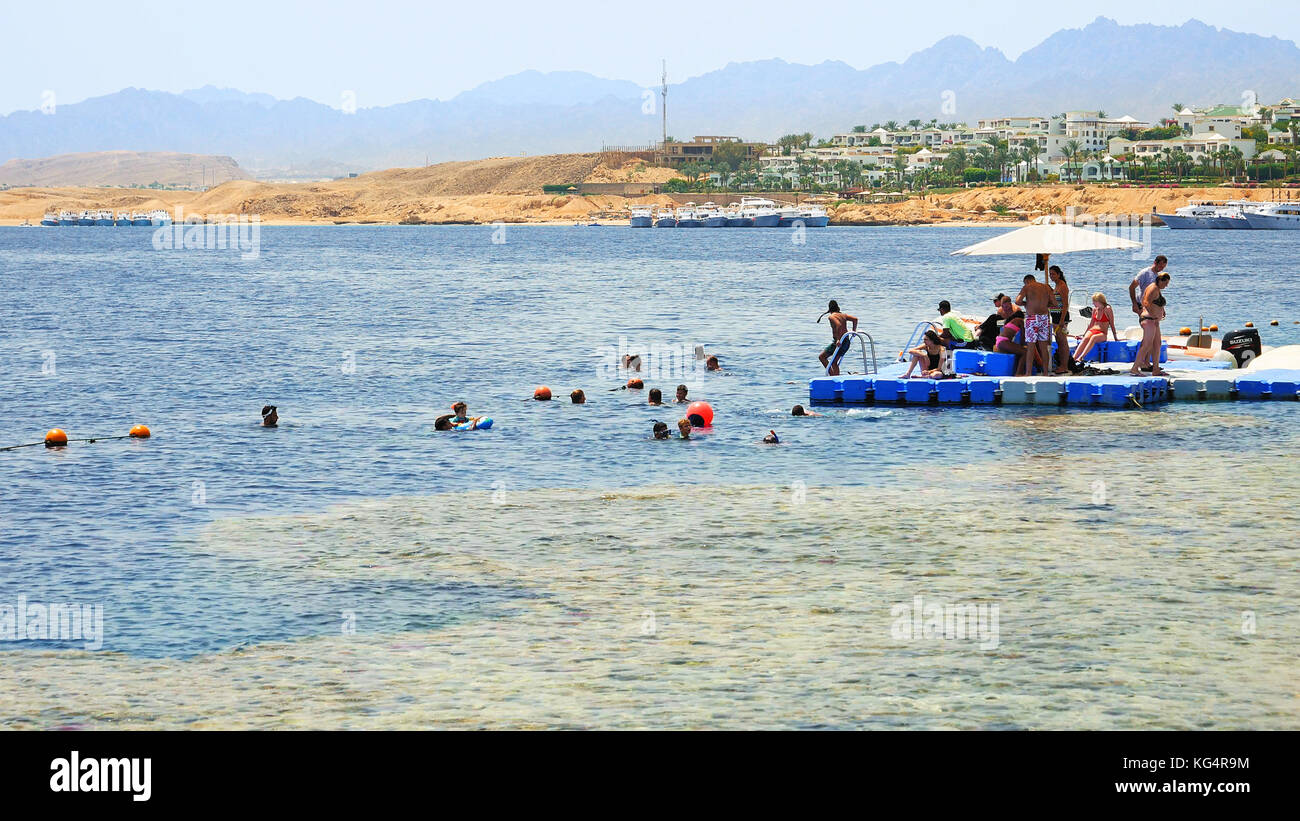 People standing on floating jetty at coral reef Stock Photo - Alamy