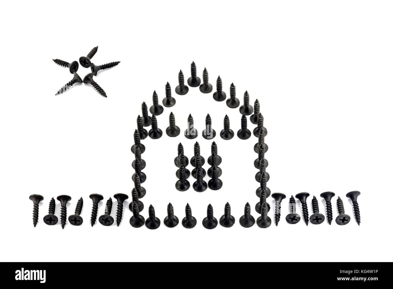 House with fence and sun drawing with Oxidized self-tapping screw ...