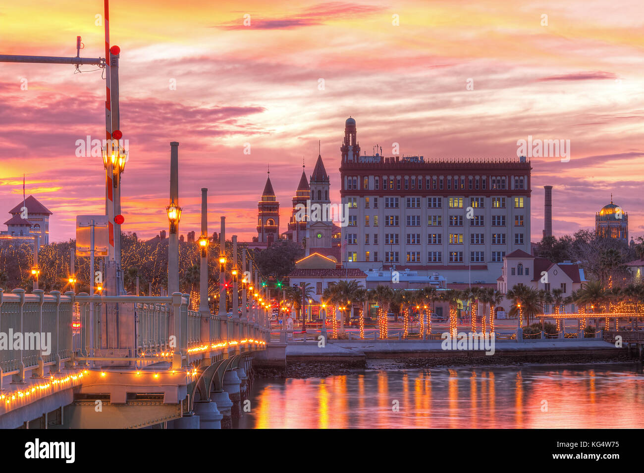Beautiful view of the Bridge of Lions, the sky and the city at sunset ...