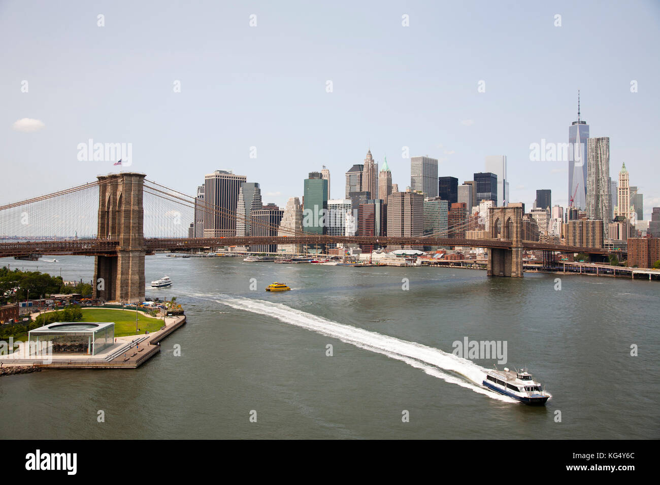 cityscape with Brooklyn bridge and East river, Manhattan, New York, USA ...