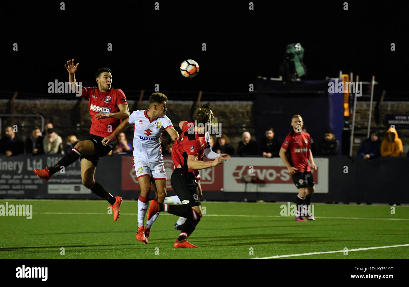 Hyde FC's Stanley Segarel heads on goal during the Emirates FA Cup ...