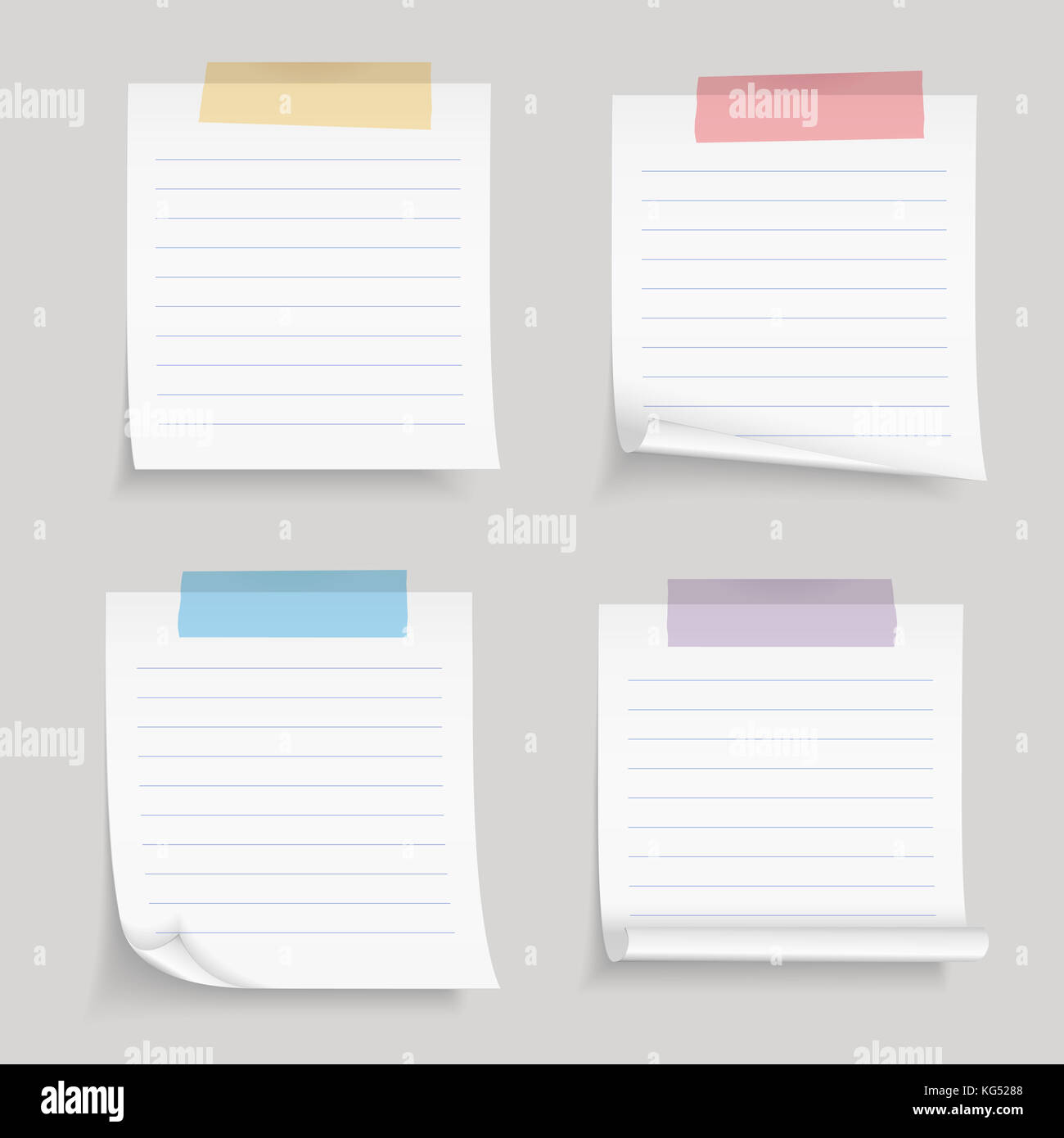 Paper with tape, blank lined paper notes with colored adhesive tape ...