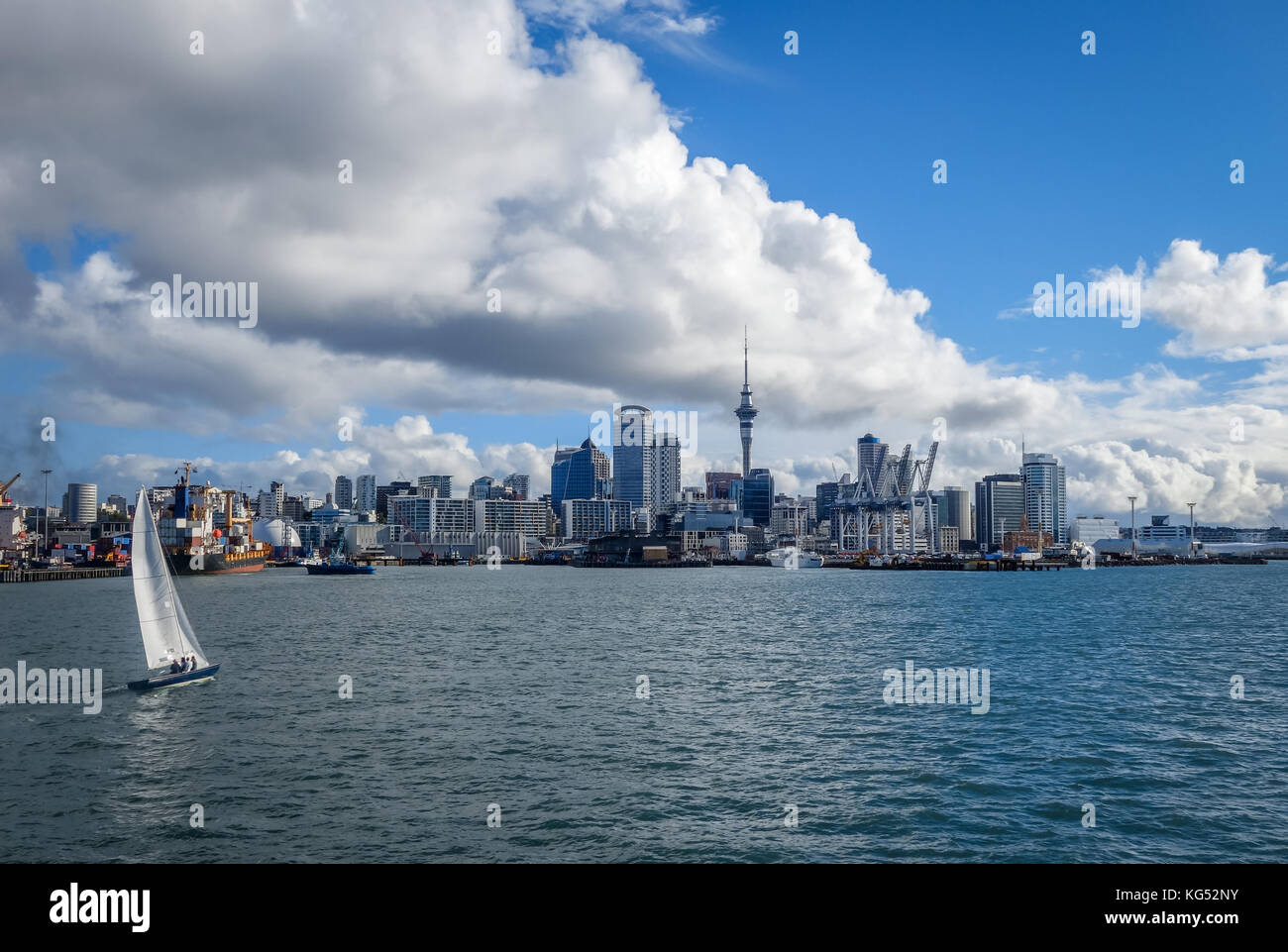 Auckland city center view from the sea and sailing ship, New Zealand ...