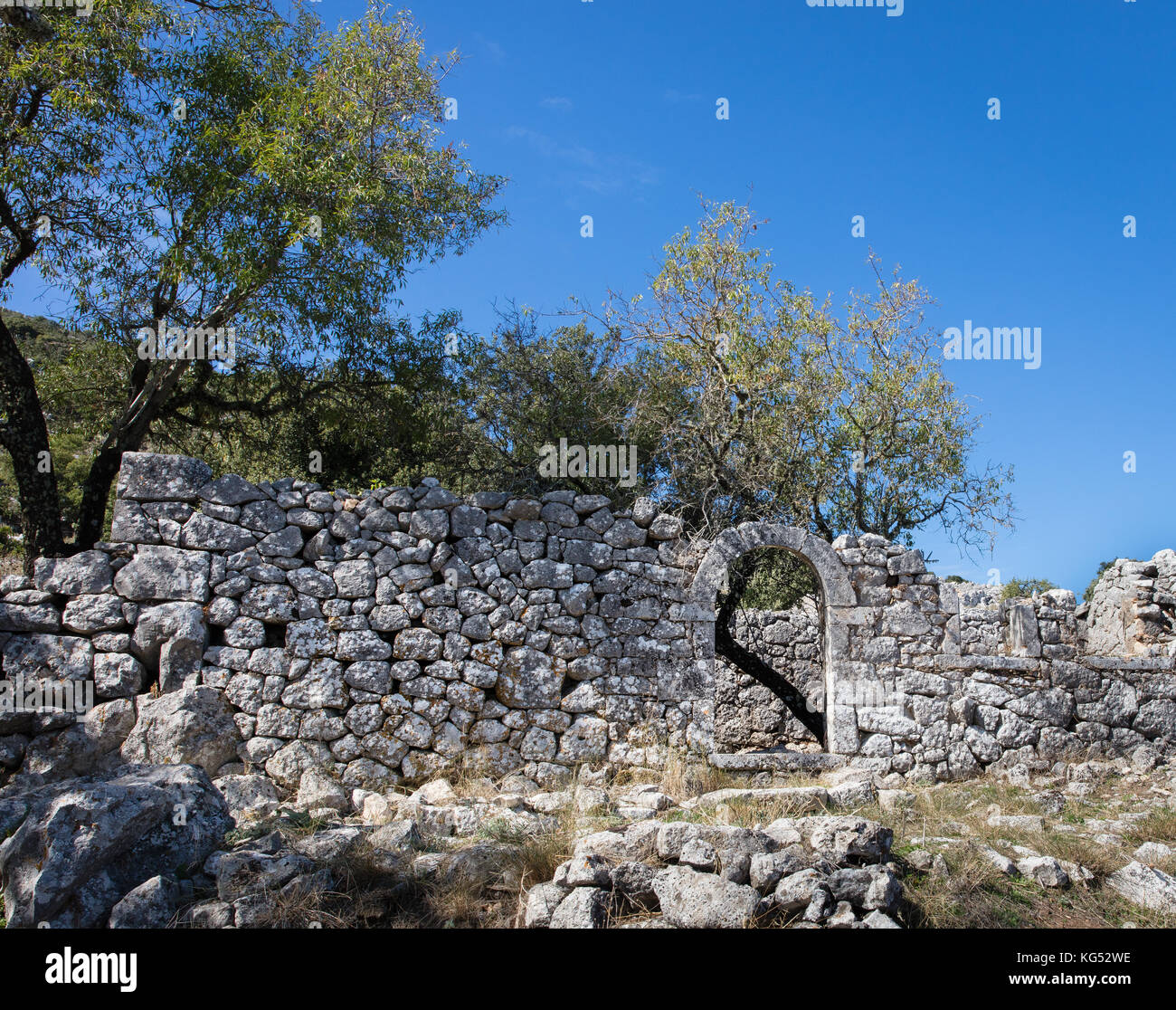 Ruins of houses destroyed in the 1953 Ionian earthquake in the mountain ...