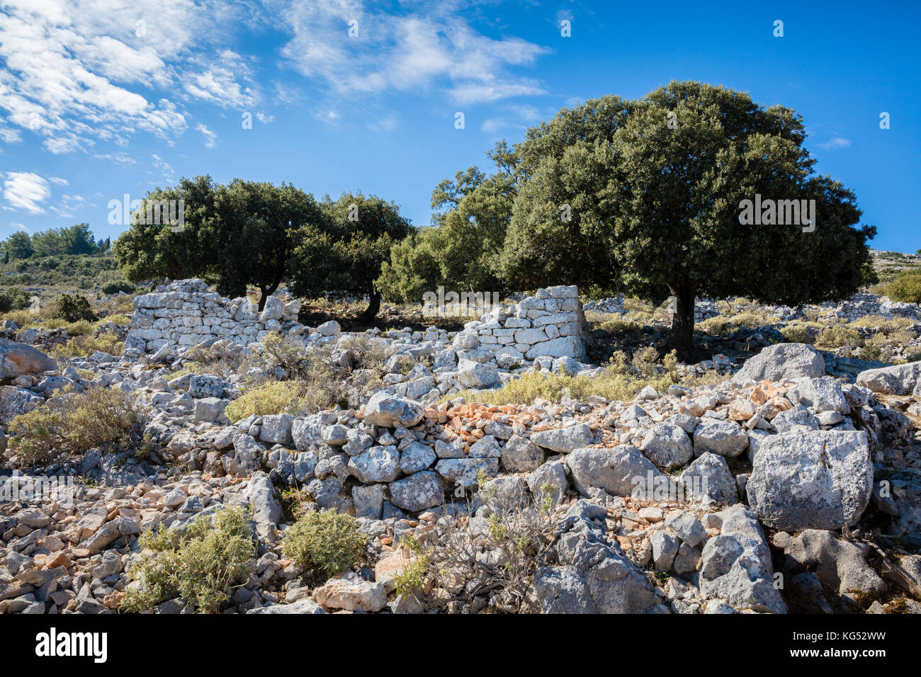 Ruins of houses destroyed in the 1953 Ionian earthquake in the mountain ...