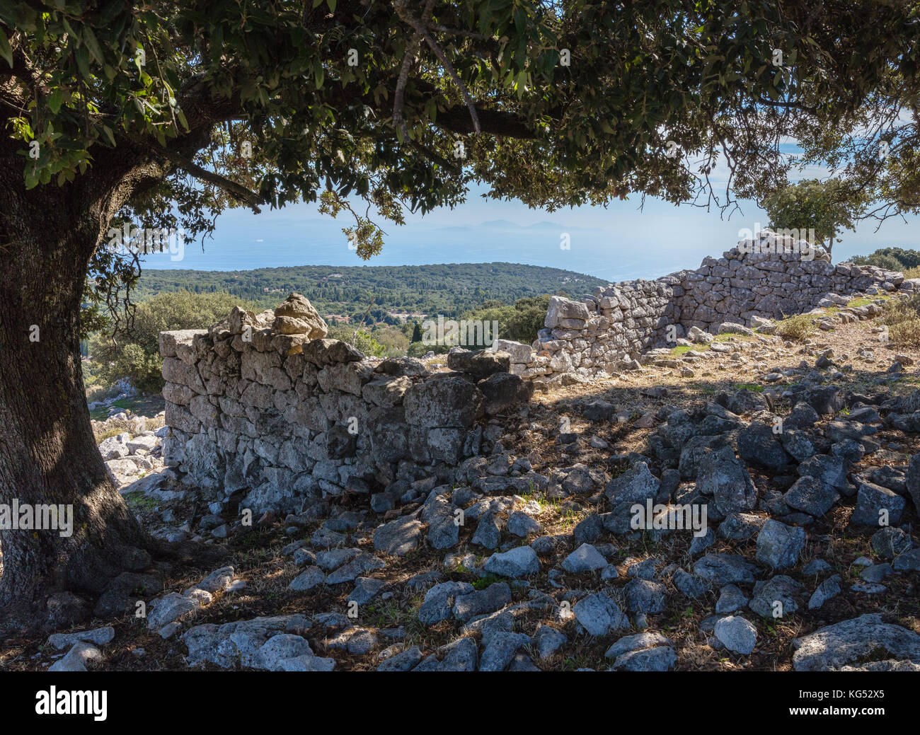 Ruins of houses destroyed in the 1953 Ionian earthquake in the mountain ...