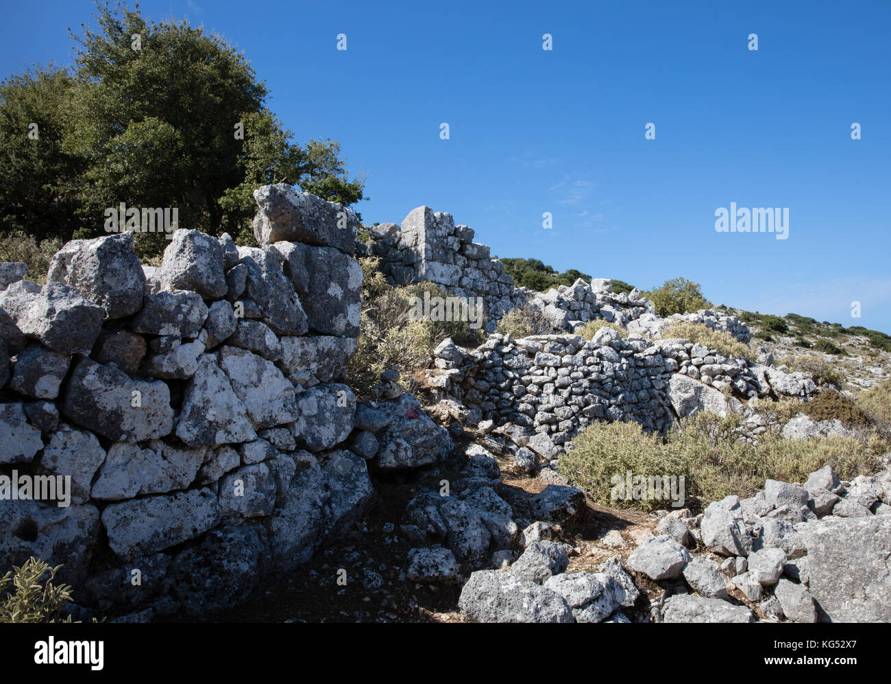 Ruins of houses destroyed in the 1953 Ionian earthquake in the mountain ...