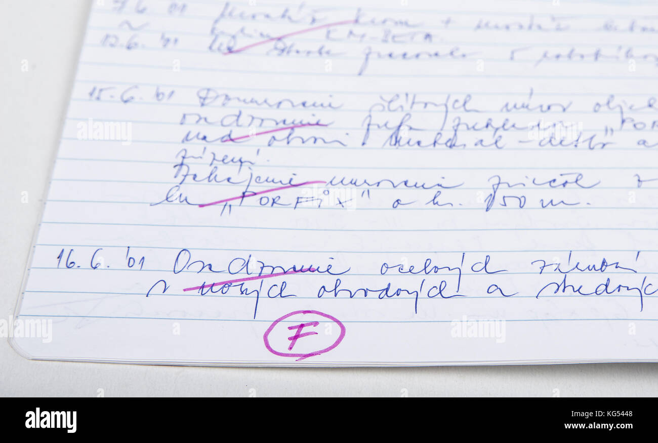 F grade from the test written red on netebook paper Stock Photo - Alamy