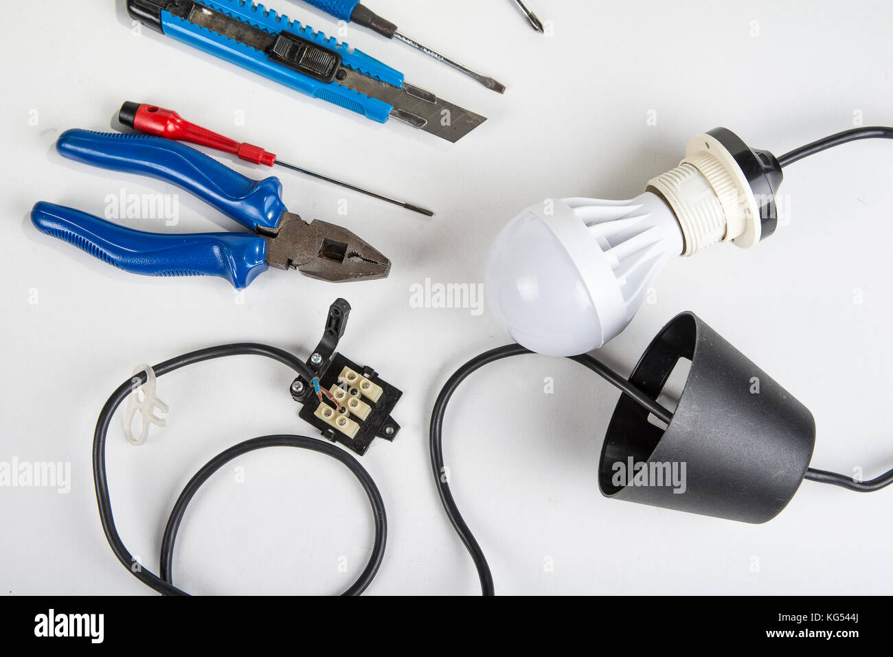 Set of electrical tool on wooden background. Accessories for ...