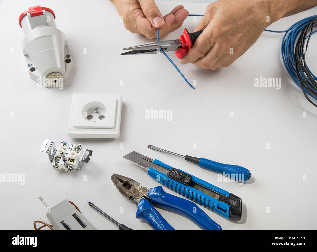 Set of electrical tool on wooden background. Accessories for ...