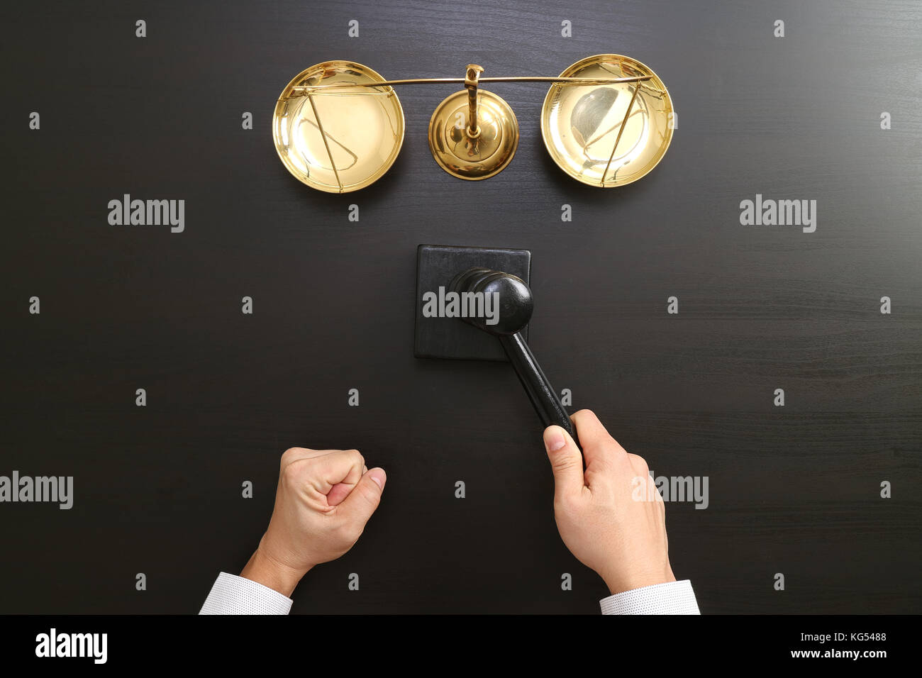 justice and law concept.Top view of Male judge hand in a courtroom with ...