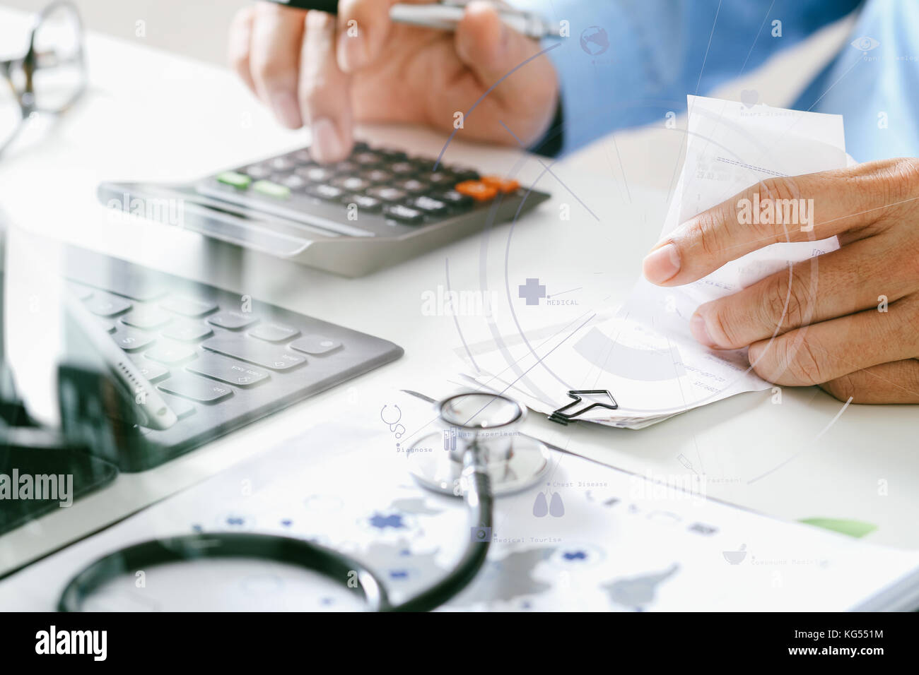 Healthcare costs and fees concept.Hand of smart doctor used a ...