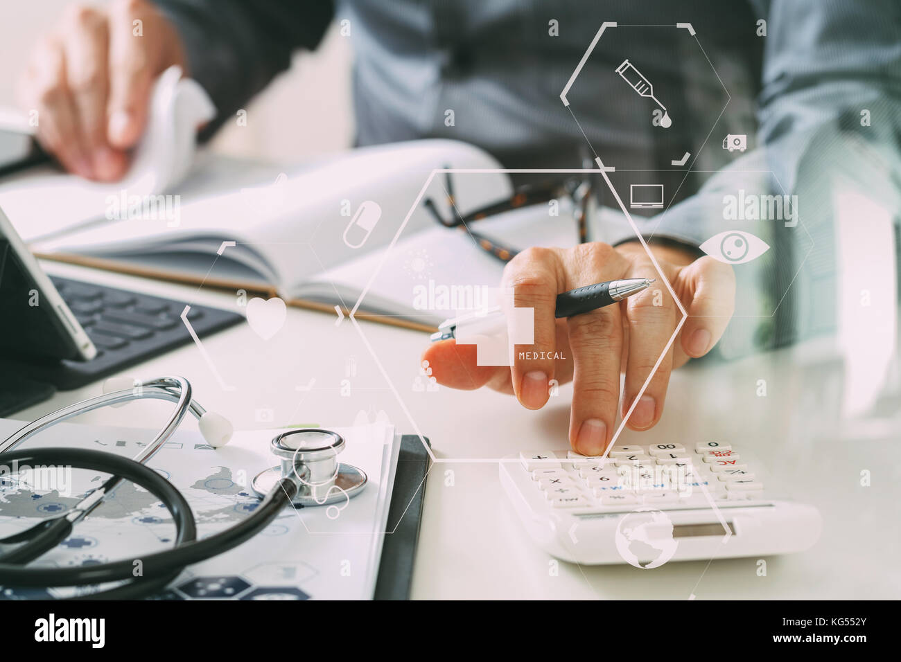 Healthcare costs and fees concept.Hand of smart doctor used a ...