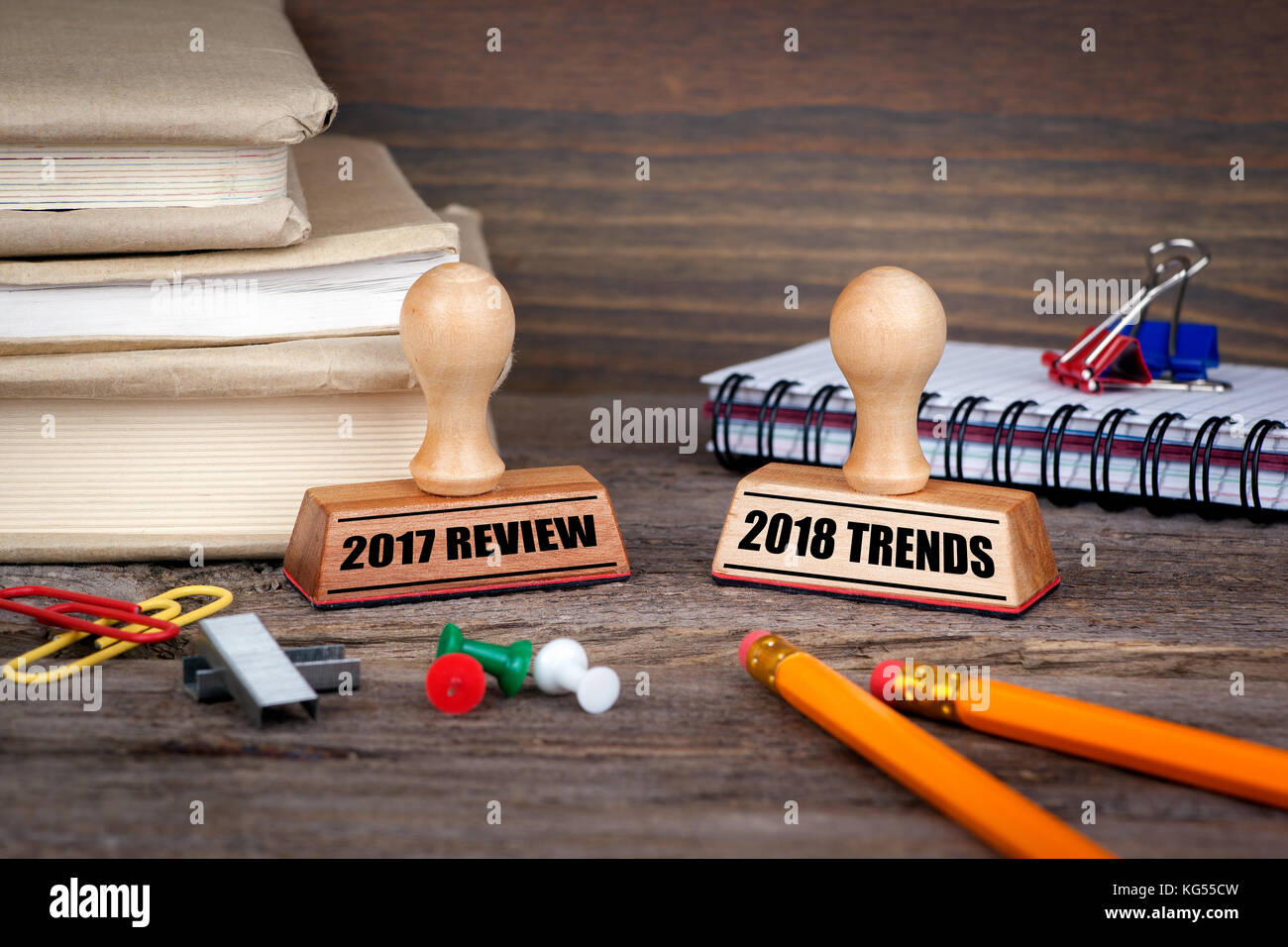 2017 review and 2018 trends. Rubber Stamp on desk in the Office ...