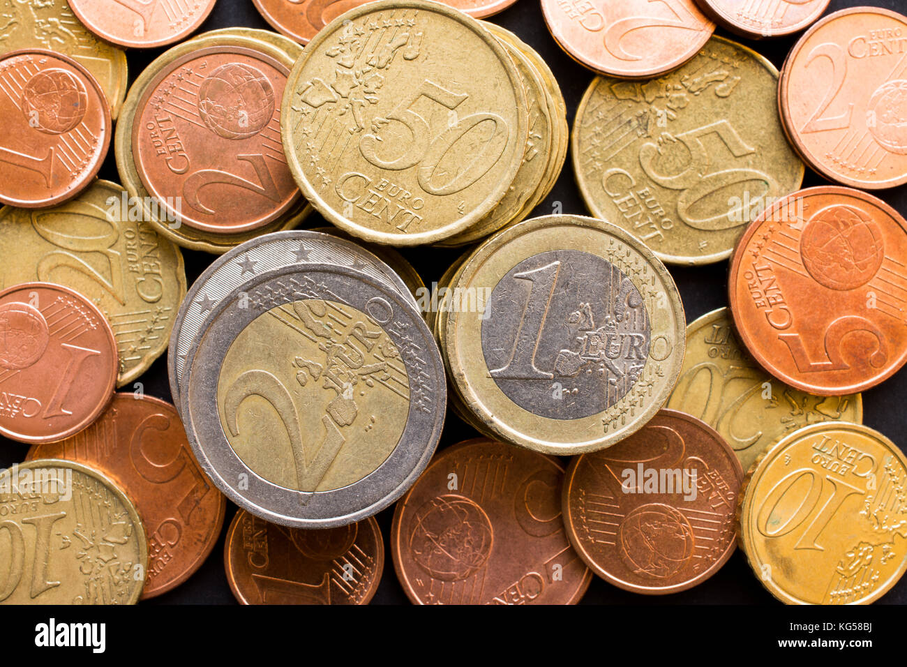 Close up top view of large amount of Euro money coins, business ...