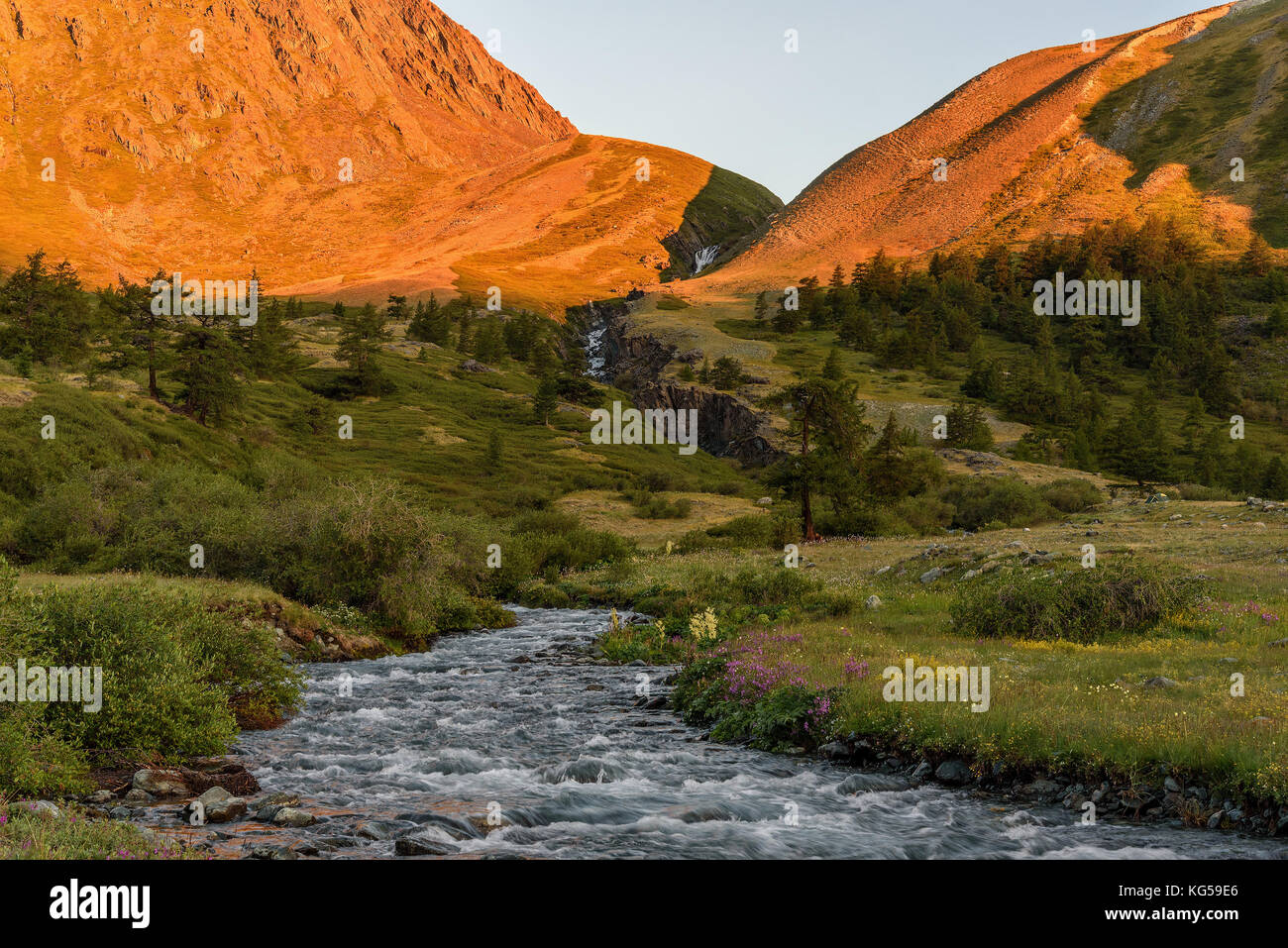 Beautiful view with mountains, waterfall, fast river, trees and flowers ...