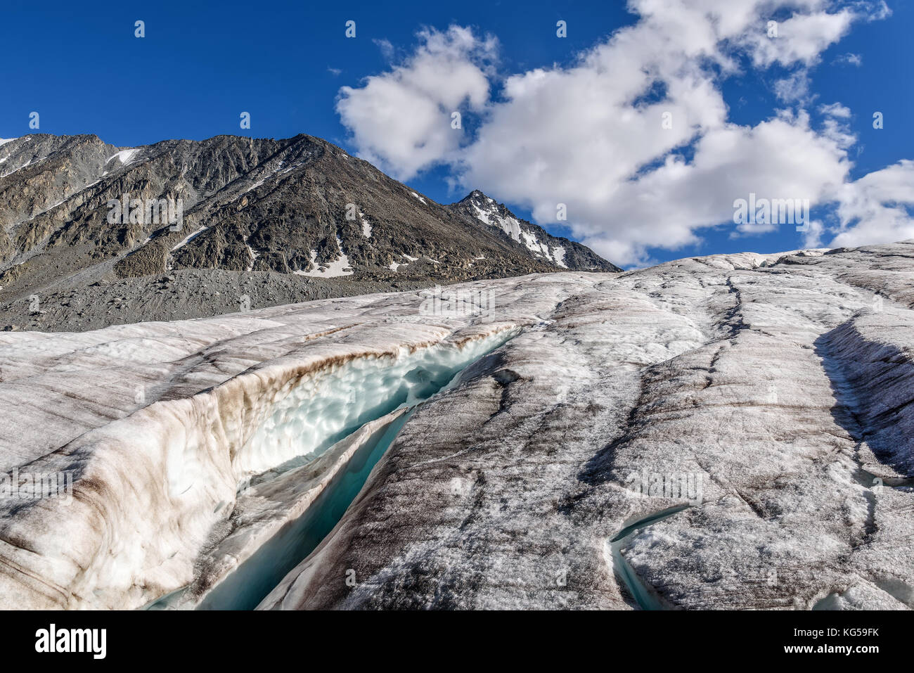 Beautiful view from below on mountains and glacier with snow and with ...