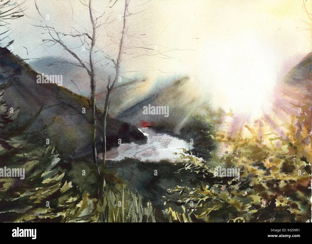 Mountain sun dawn watercolor art Stock Photo - Alamy