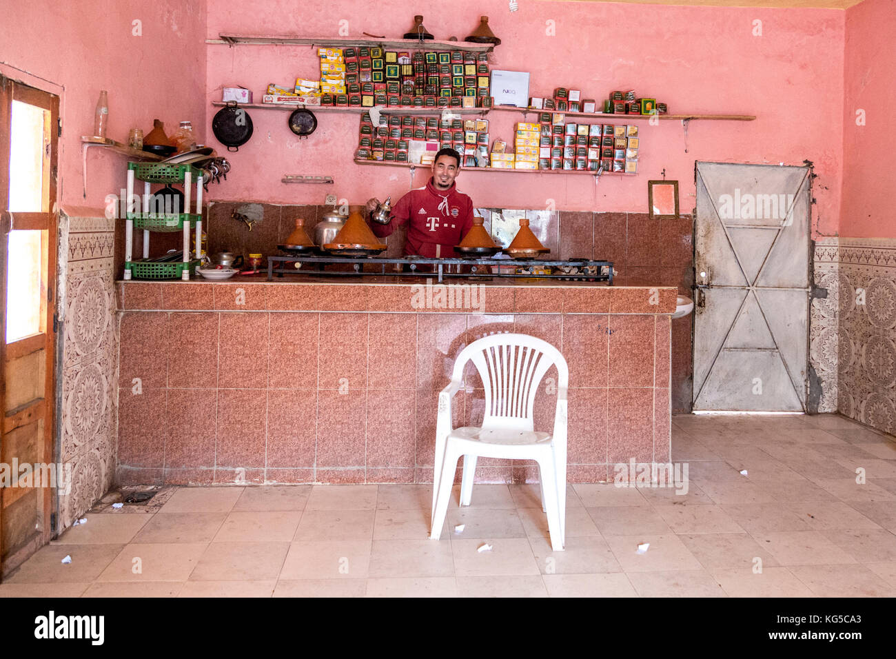 Tifni, Morocco, October 17, 2017: Berber men pouring tea in his shop in ...