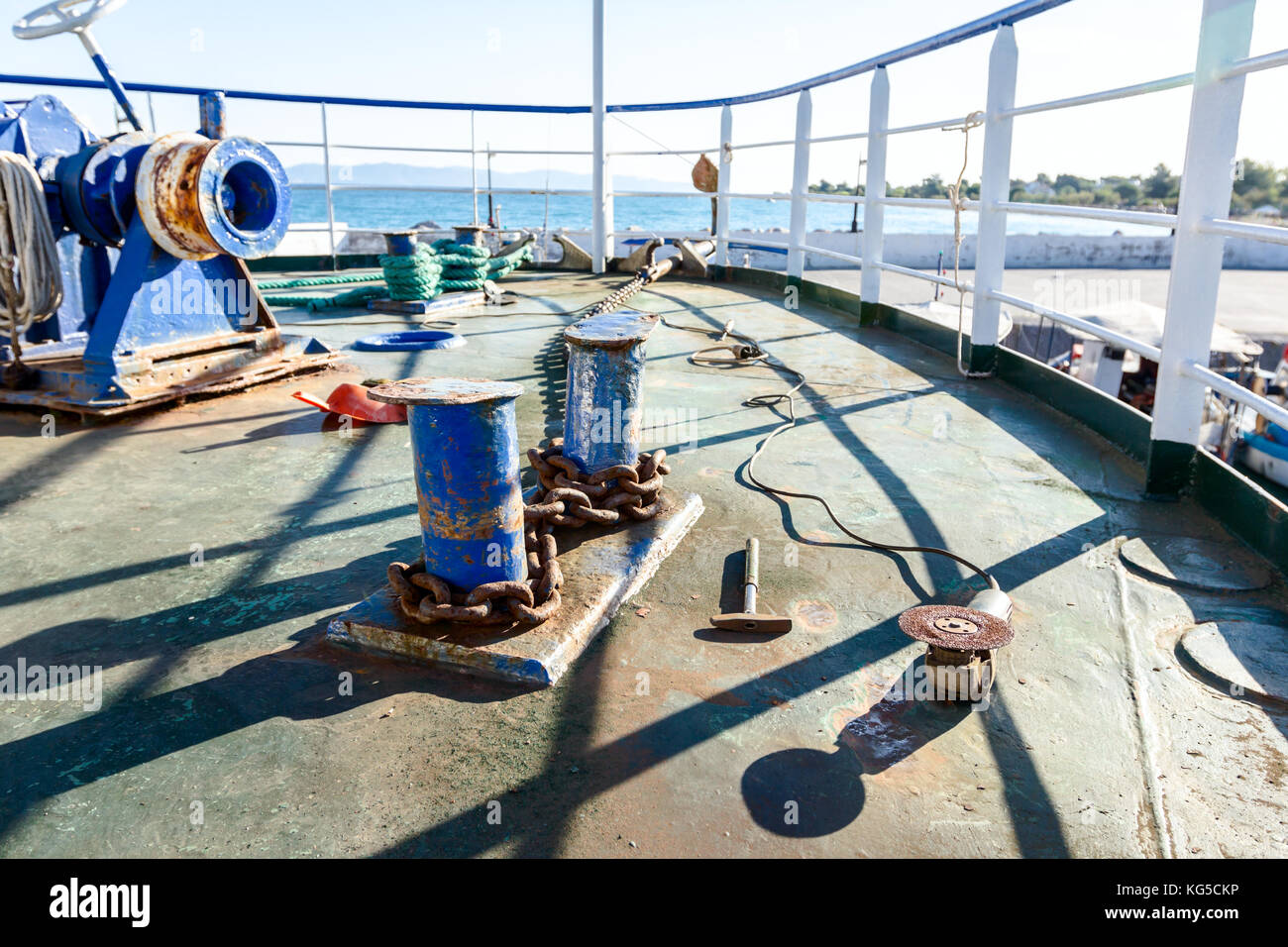 Equipment for removing rust over ship's deck, overhaul is in progress ...