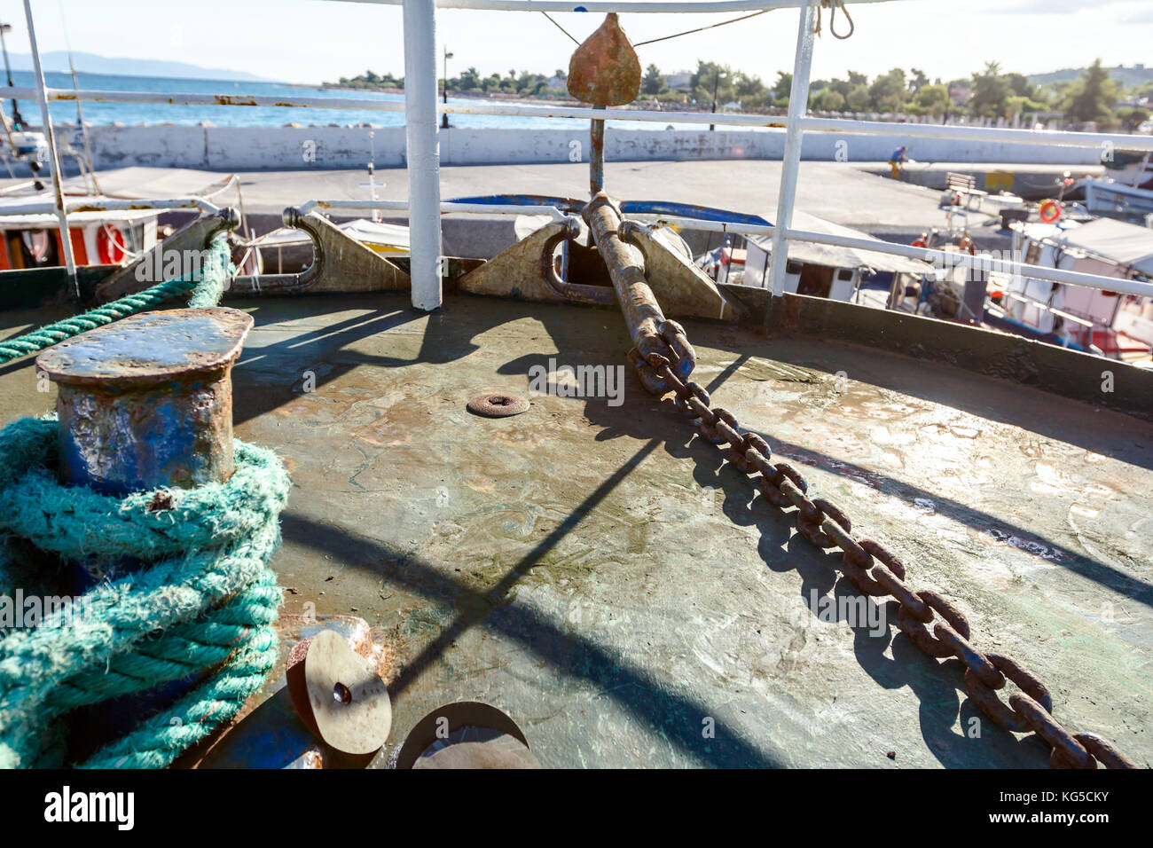 View of the fishing ship or ferry boat deck with chain for descent ...