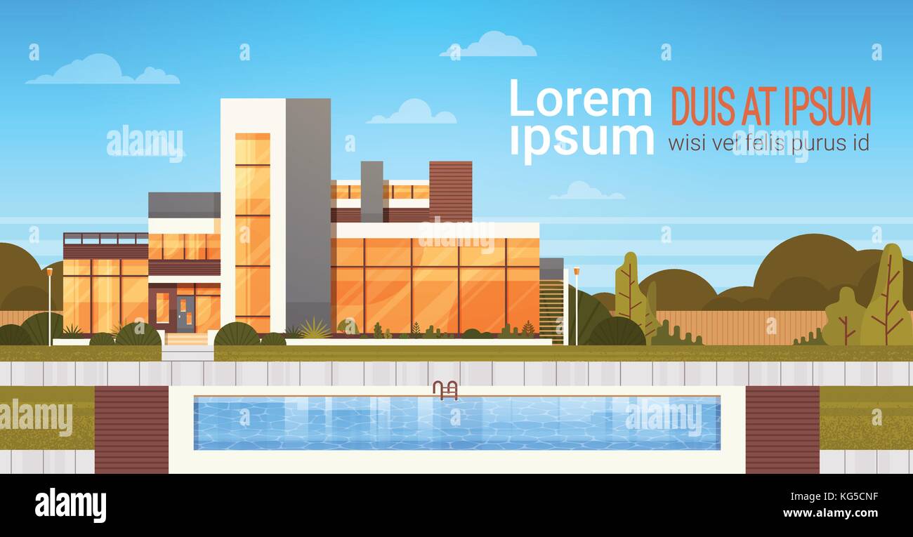 Luxury Villa With Swimming Pool Exterior Of Modern House Banner with ...