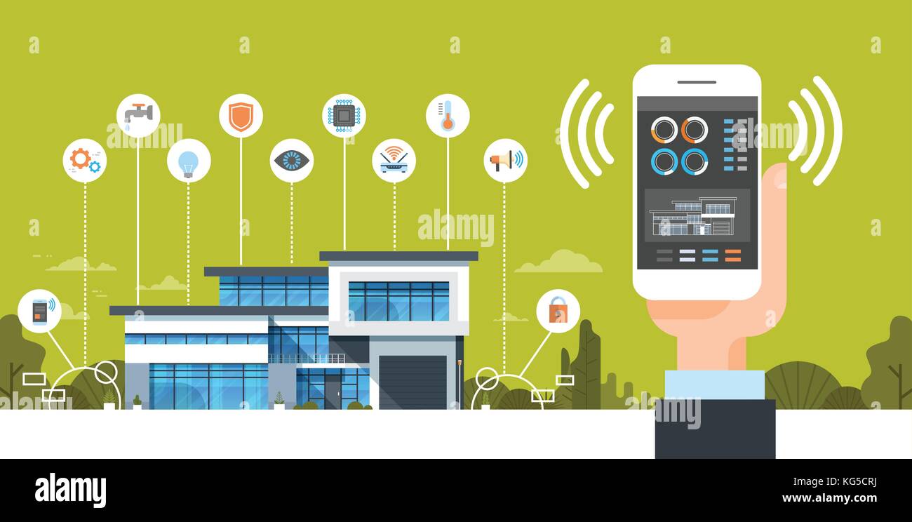 Hand Holding Smartphone With Smart Home System Control Interface Modern ...