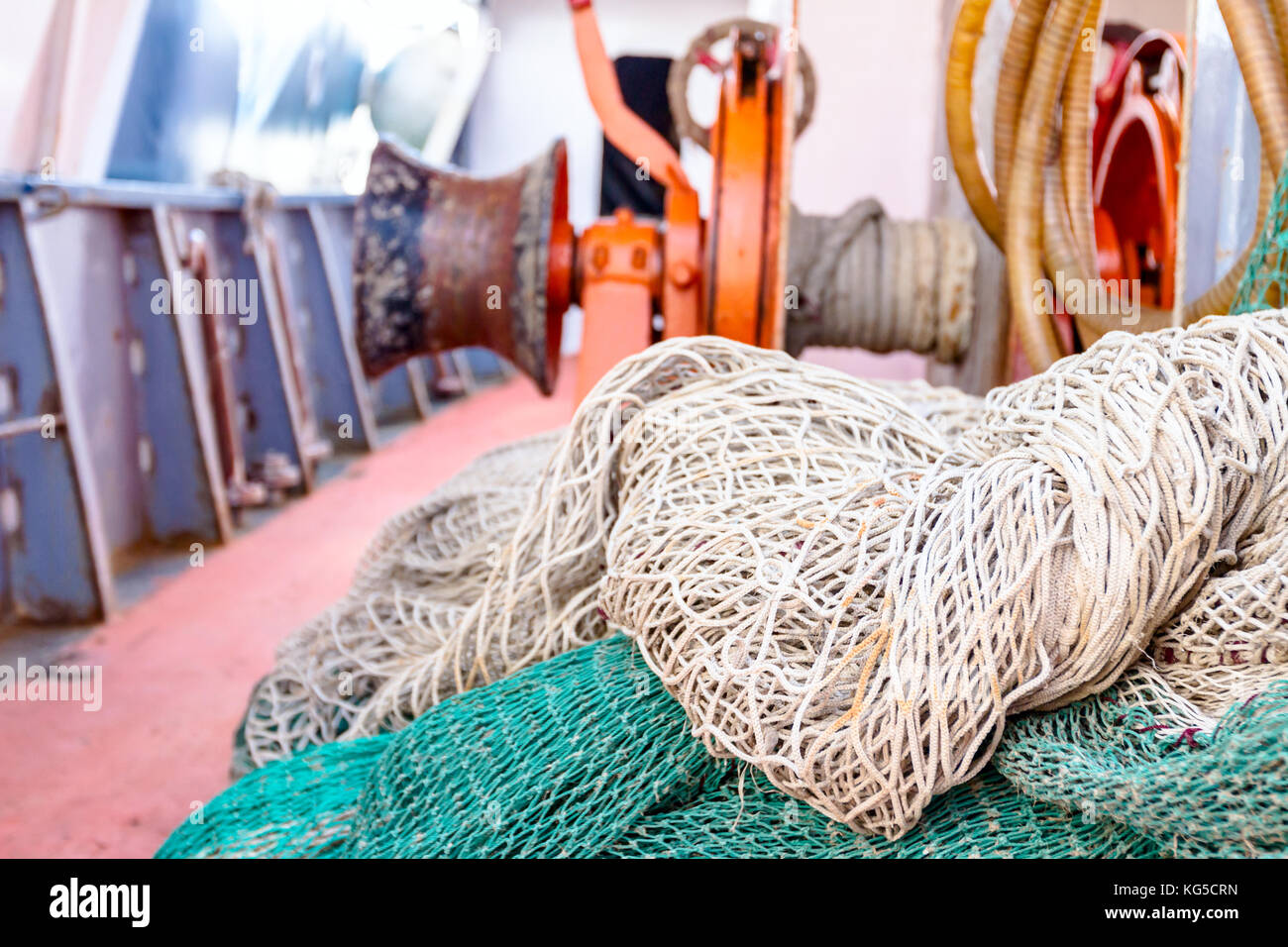 Heap of commercial fishing net and extraction mechanism is in ...