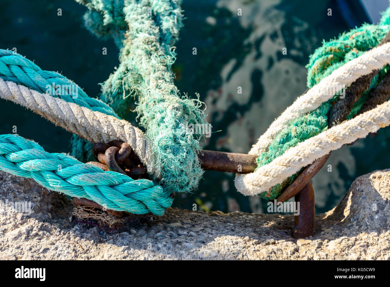 Place where fishing boats are tied up with rope for the dock, marina ...