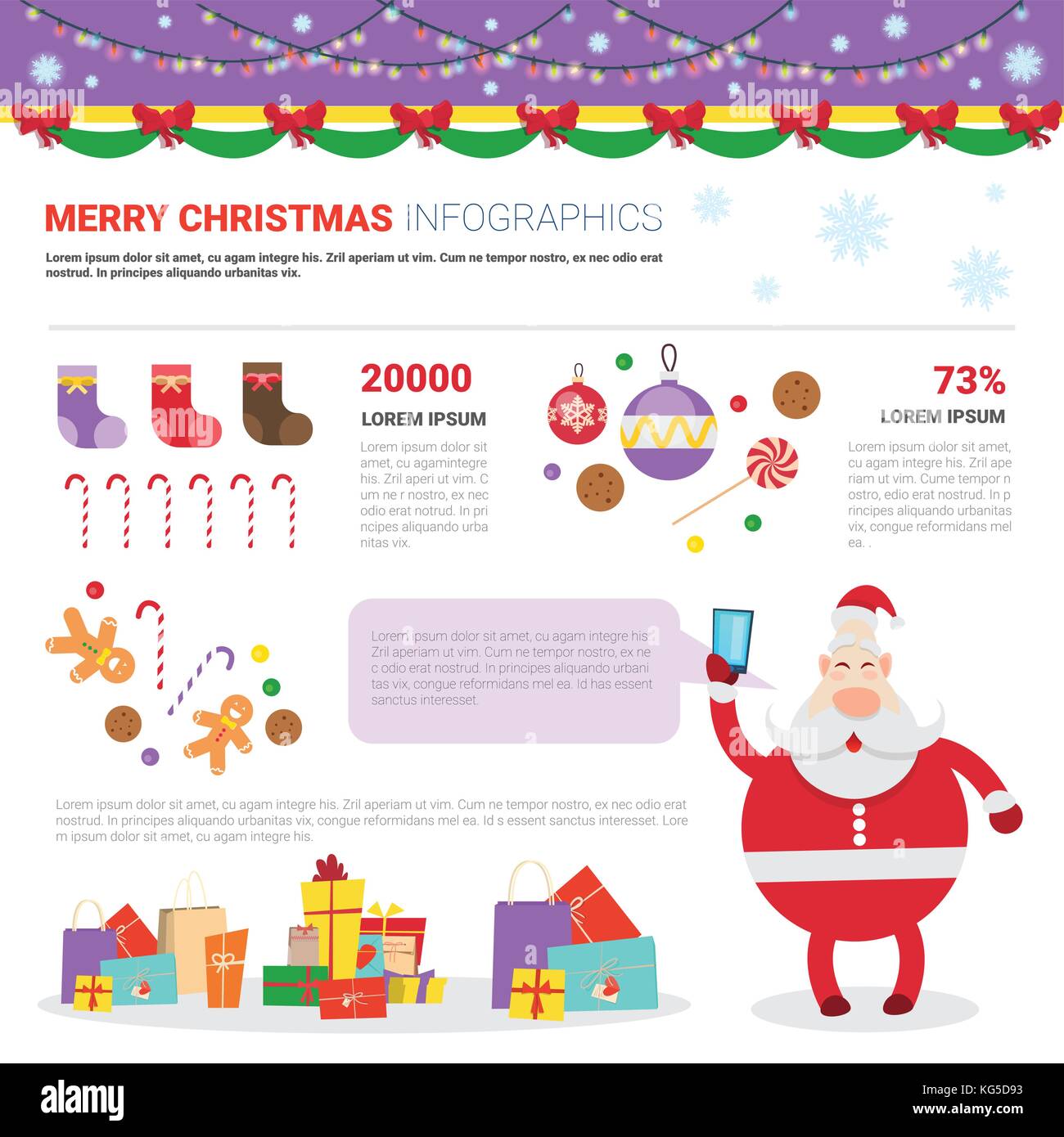 Santa Holding Cell Smart Phone On Merry Christmas Infographics Set ...